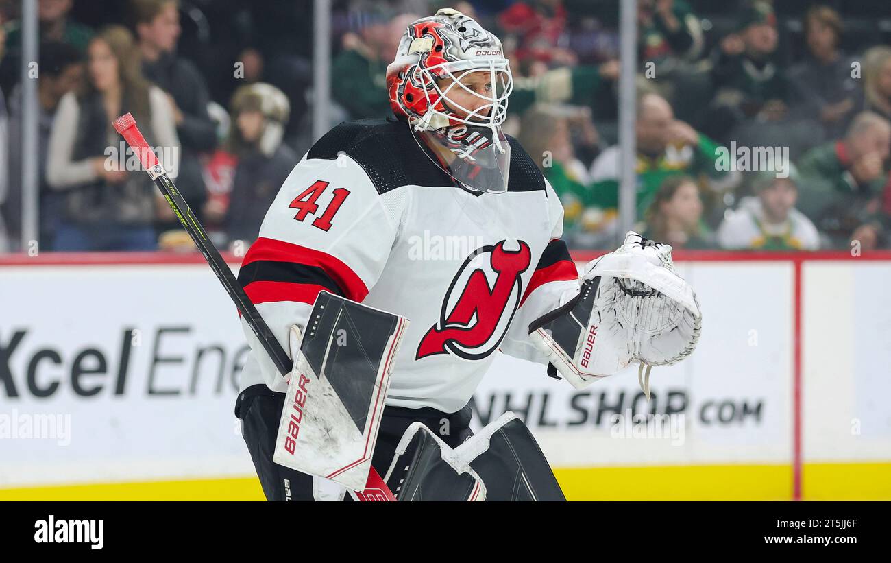 New Jersey Devils goaltender Vitek Vanecek (41) looks on before the ...
