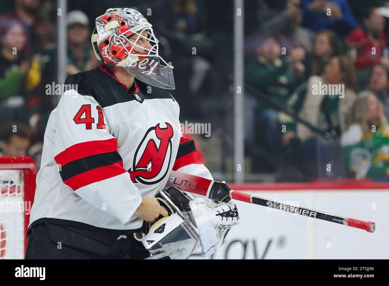 New Jersey Devils goaltender Vitek Vanecek (41) looks on before the ...