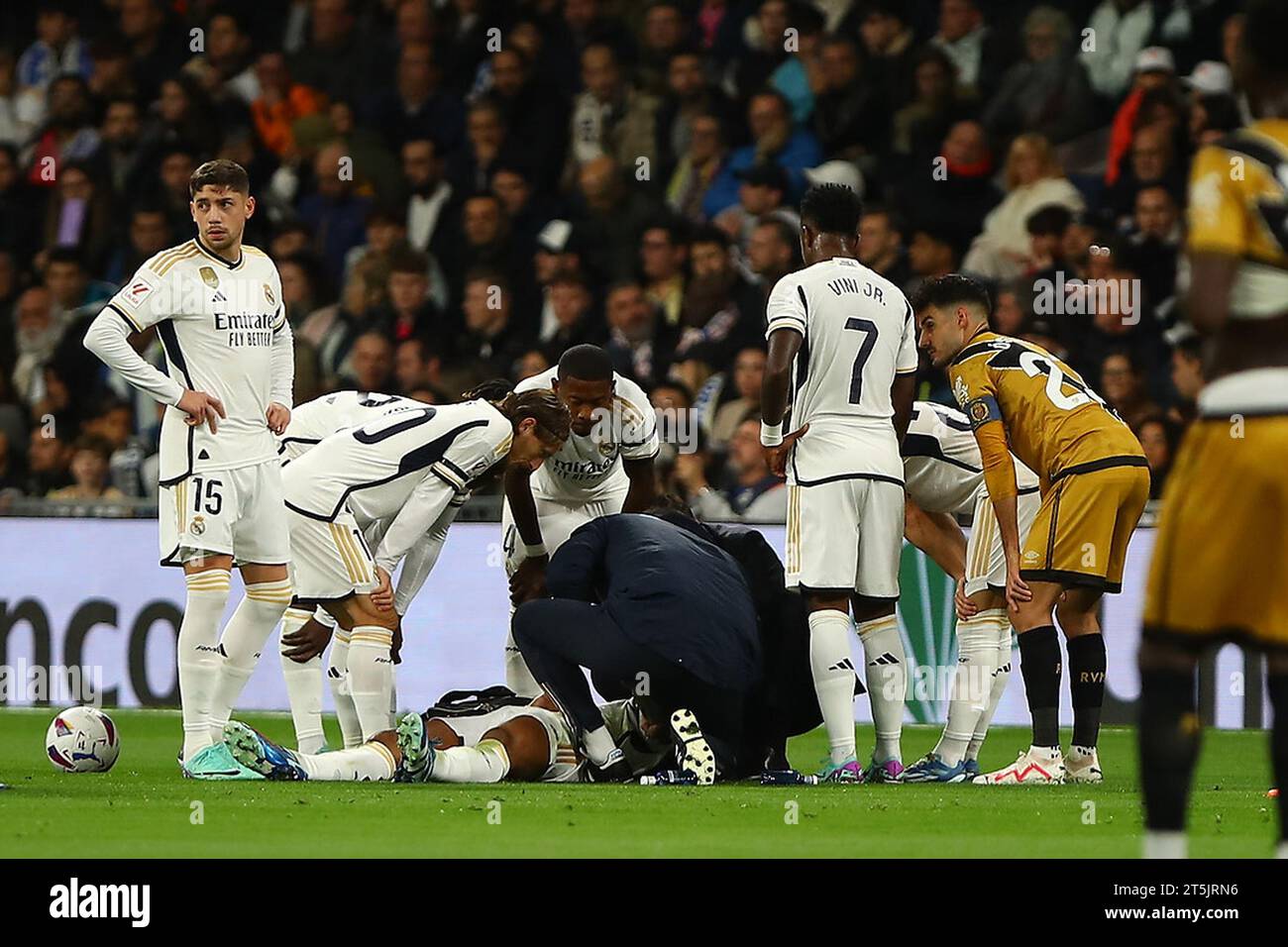 Madrid, Spain. 05th Nov, 2023. Real Madrid´s Bellingham is treated by ...