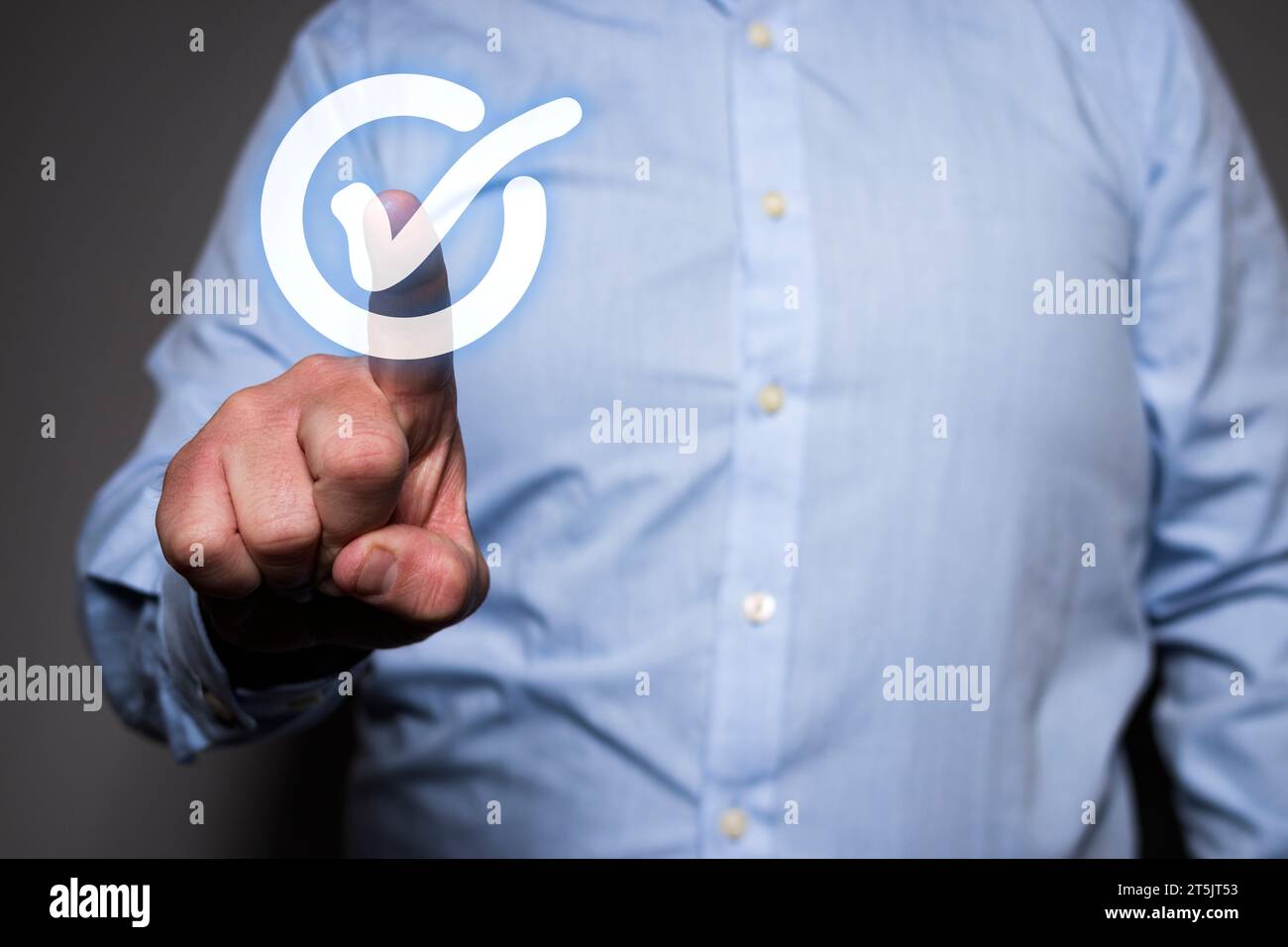 Unrecognizable caucasian man hand with a finger touching on the air ...