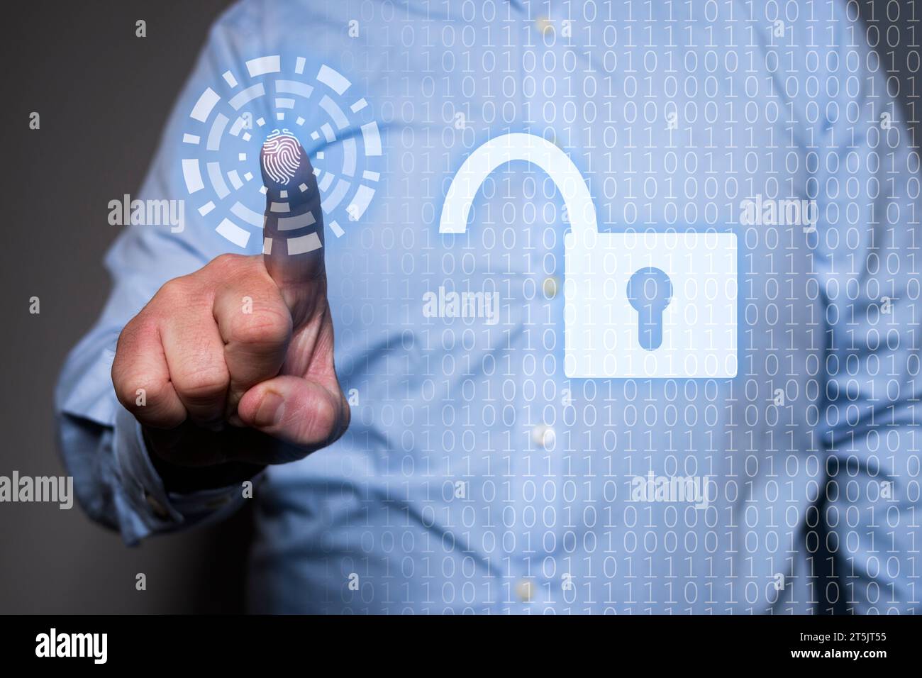 Unrecognizable caucasian man hand with a finger touching on the air where appears a virtual ...