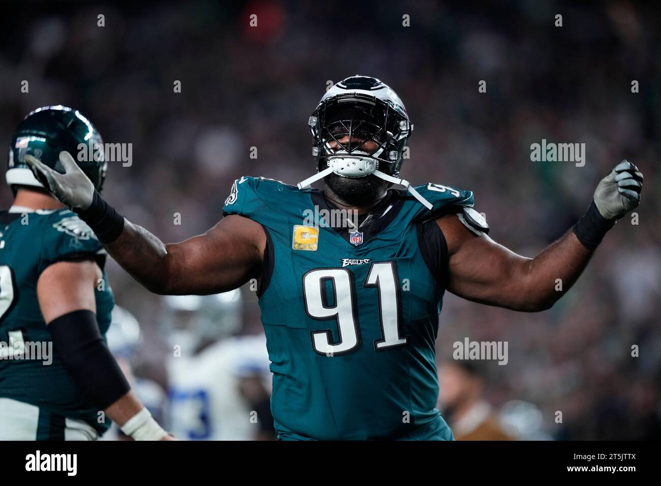 Philadelphia Eagles defensive tackle Fletcher Cox (91) reacts after the ...