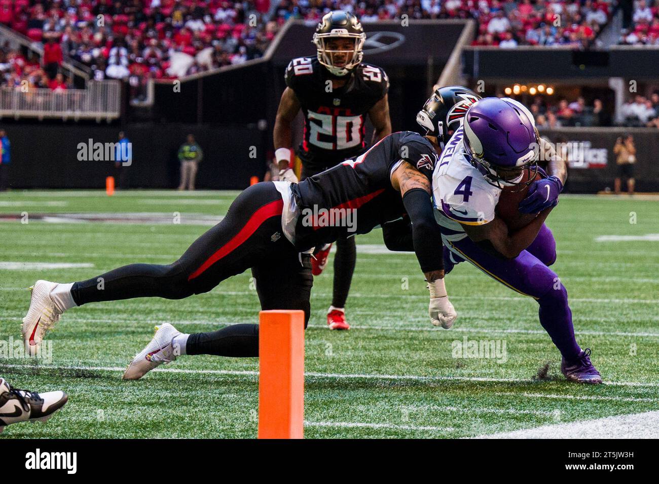 Minnesota Vikings wide receiver Brandon Powell (4) is pushed out of ...
