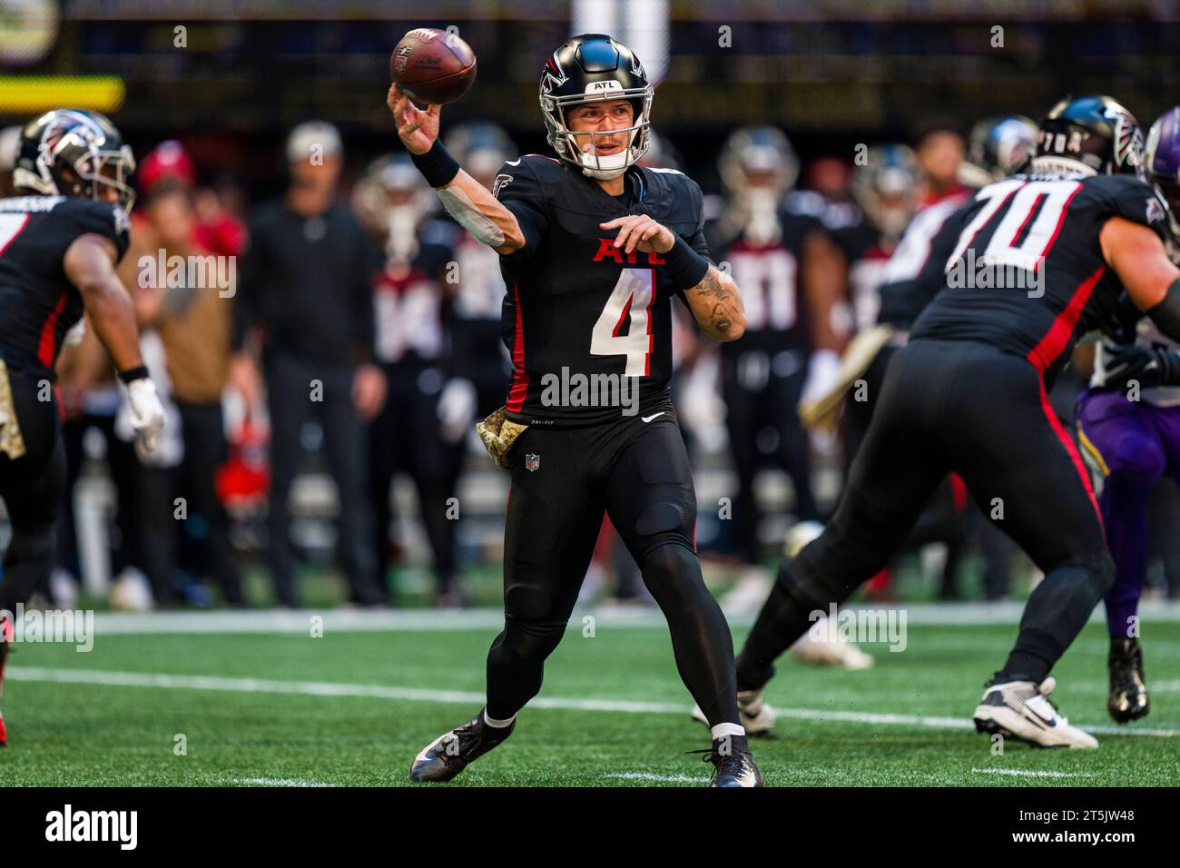 Atlanta Falcons quarterback Taylor Heinicke (4) throws during the first ...