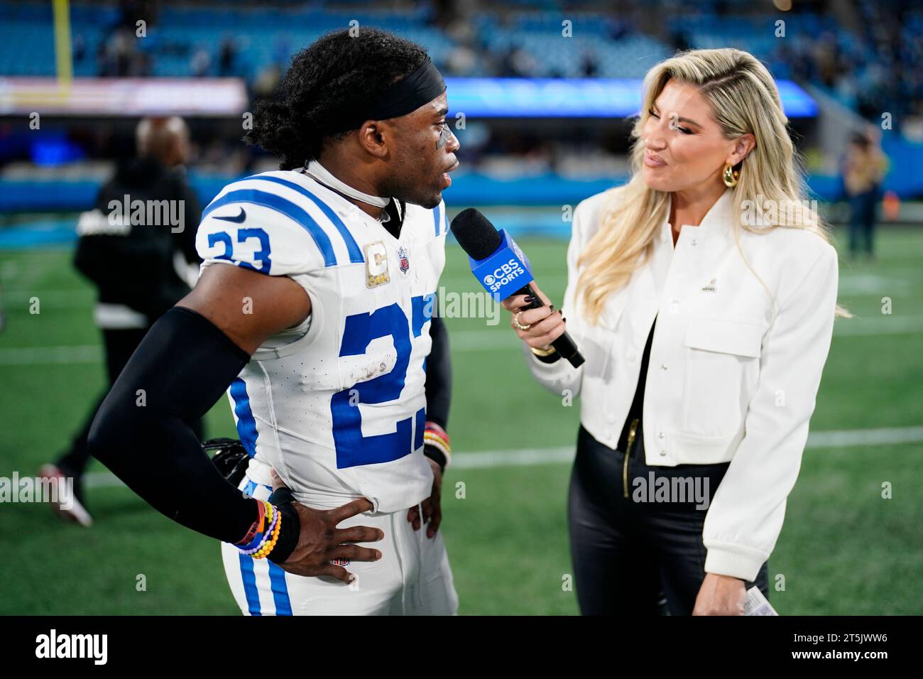 Indianapolis Colts cornerback Kenny Moore II is interviewed after their ...