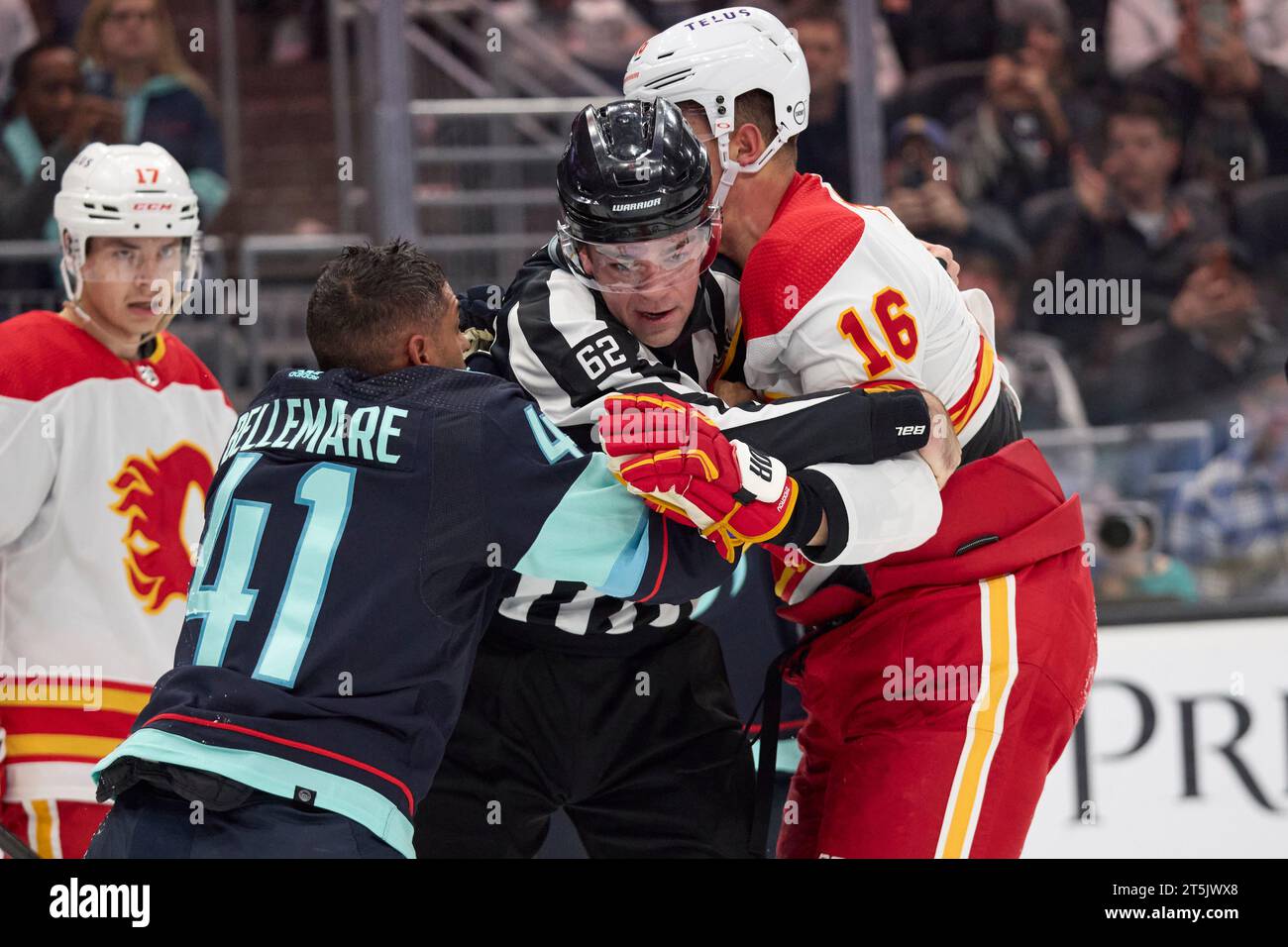 Seattle Kraken left wing Pierre-Edouard Bellemare (41) and Calgary ...