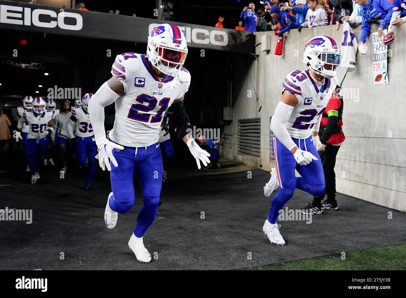 Buffalo Bills safety Jordan Poyer (21) and safety Micah Hyde (23) lead ...