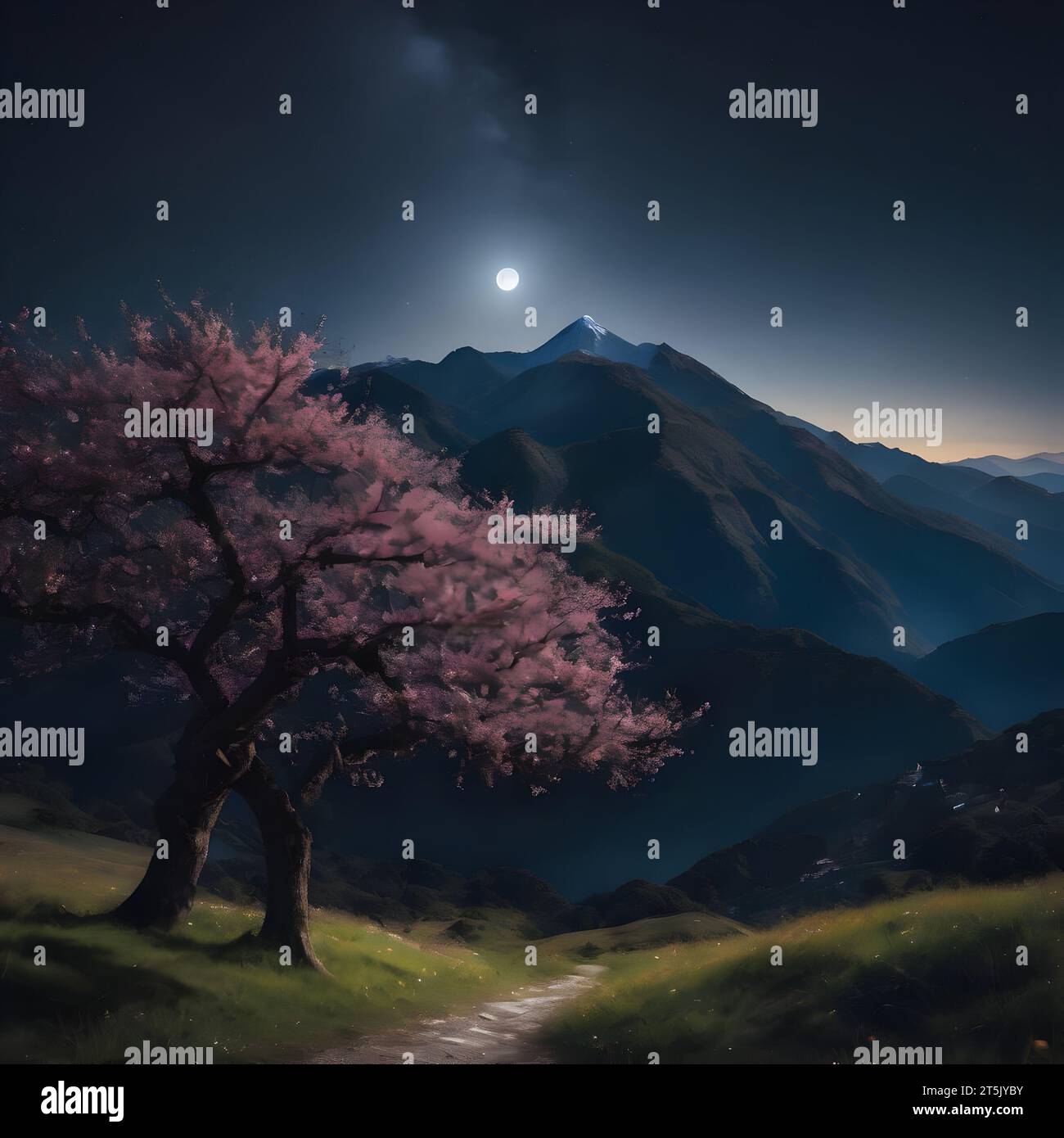 A tranquil scene showing the night sky with a path illuminated by ...