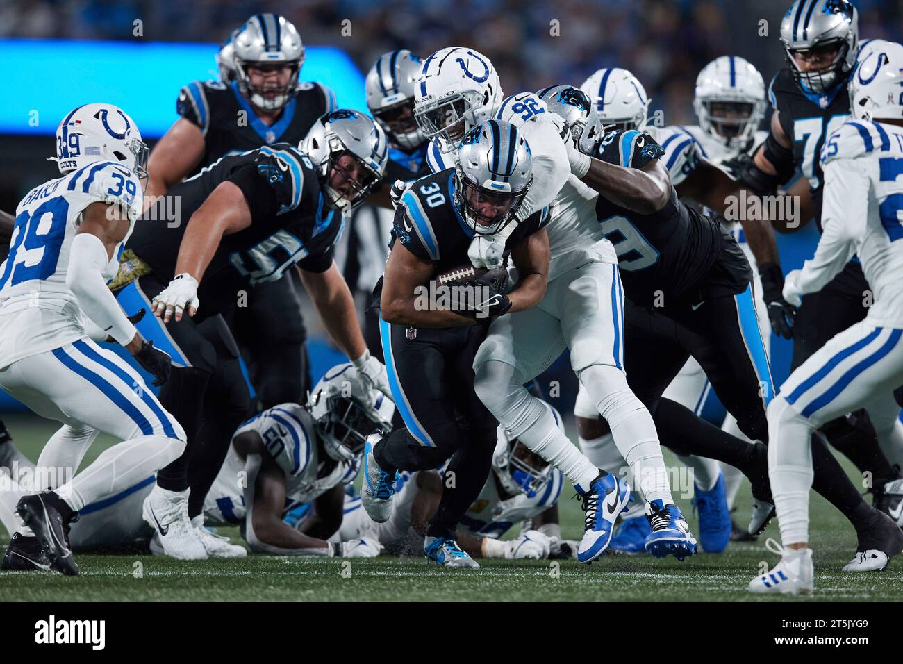 Carolina Panthers running back Chuba Hubbard (30) tries to run through ...