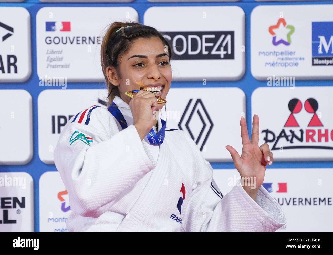 Shirine Boukli (FRA) shows her gold medal in womens final -48kg during ...