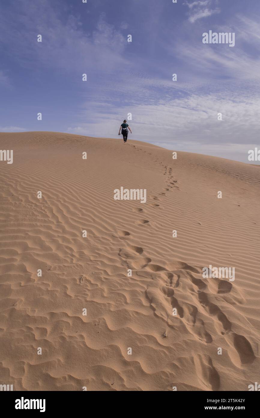 Sunset at Gobi desert, huge dunes with standing woman, Mongolia ...