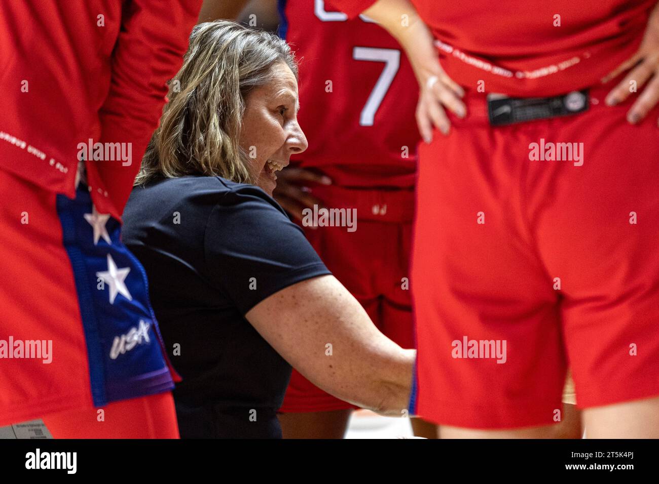 Team USA head coach Cheryl Reeve talks to her players during a timeout ...