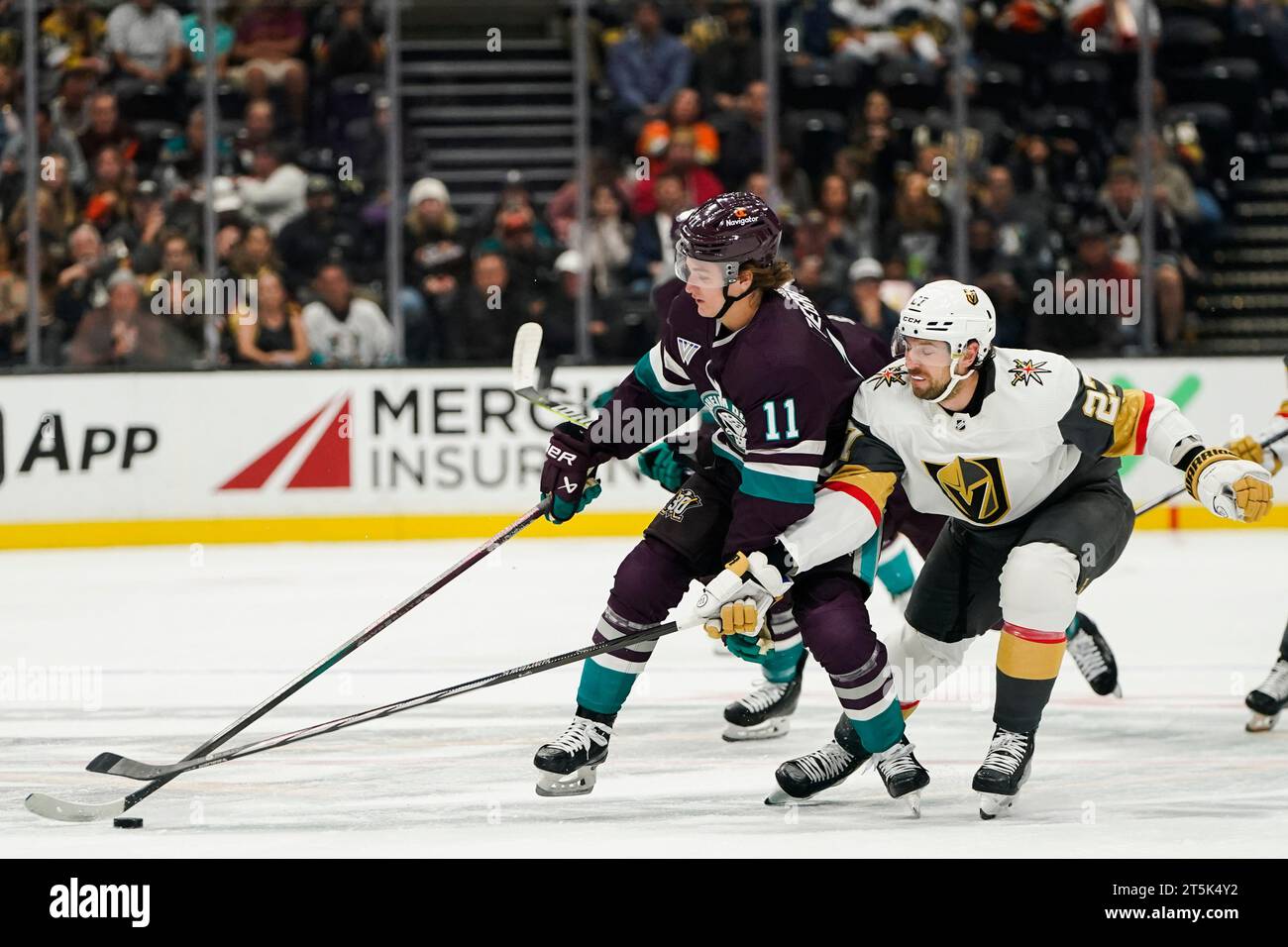 Anaheim Ducks center Trevor Zegras, left, and Vegas Golden Knights ...