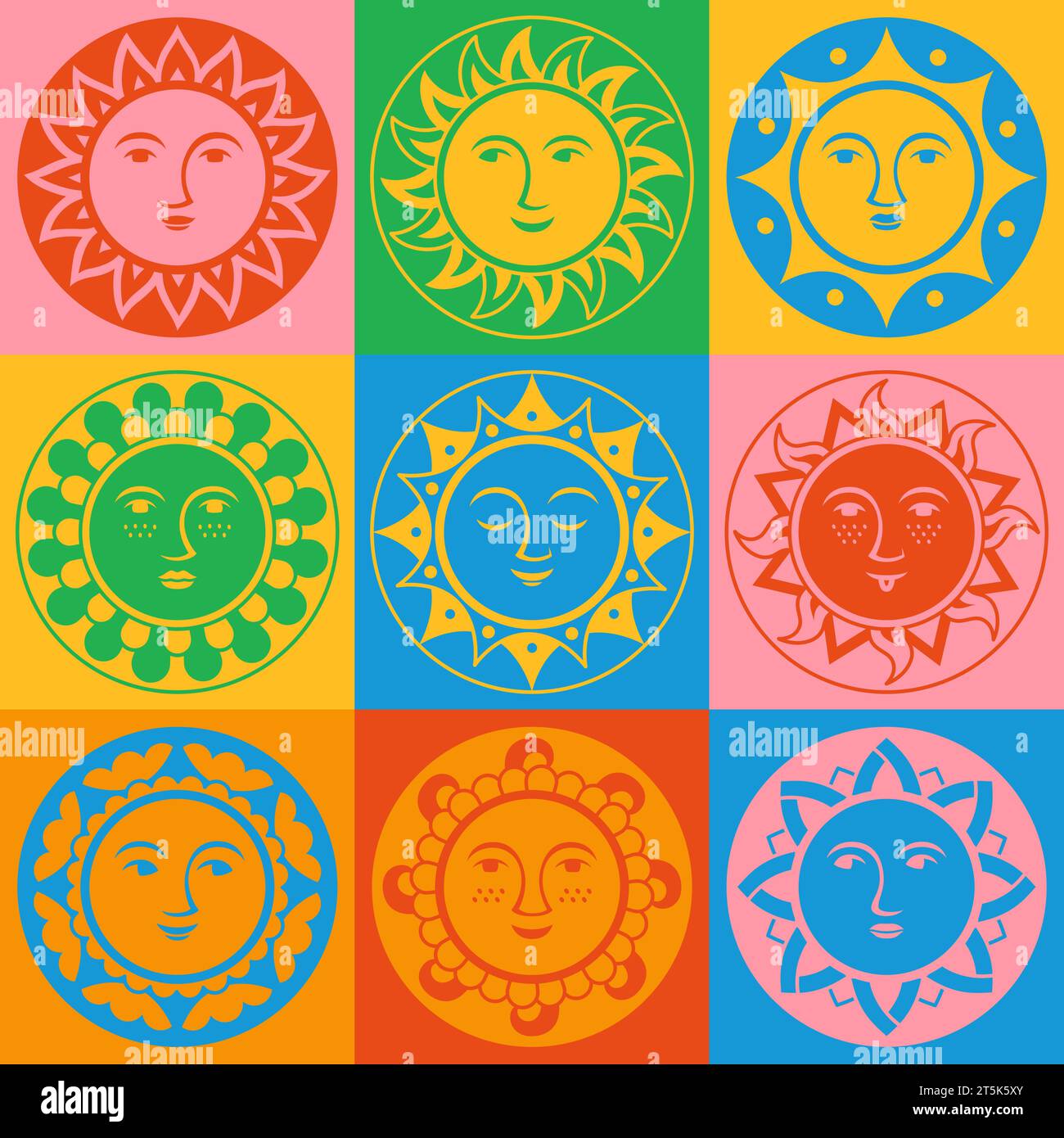 Sun with face abstract ornamental cartoon set. Ethnic boho style sunny ...