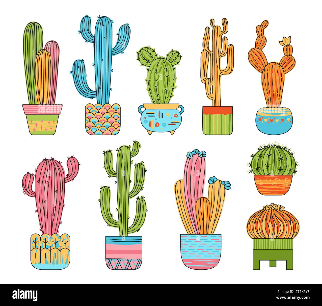 Cactus in flowerpot grungy exotic cartoon set. Hand drawn trendy ...