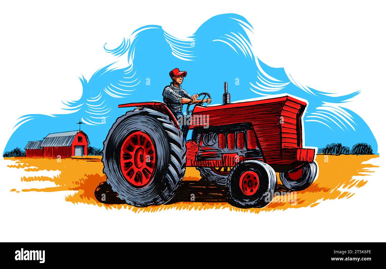 Vintage tractor in the countryside. Hand-drawn illustration Stock Photo ...
