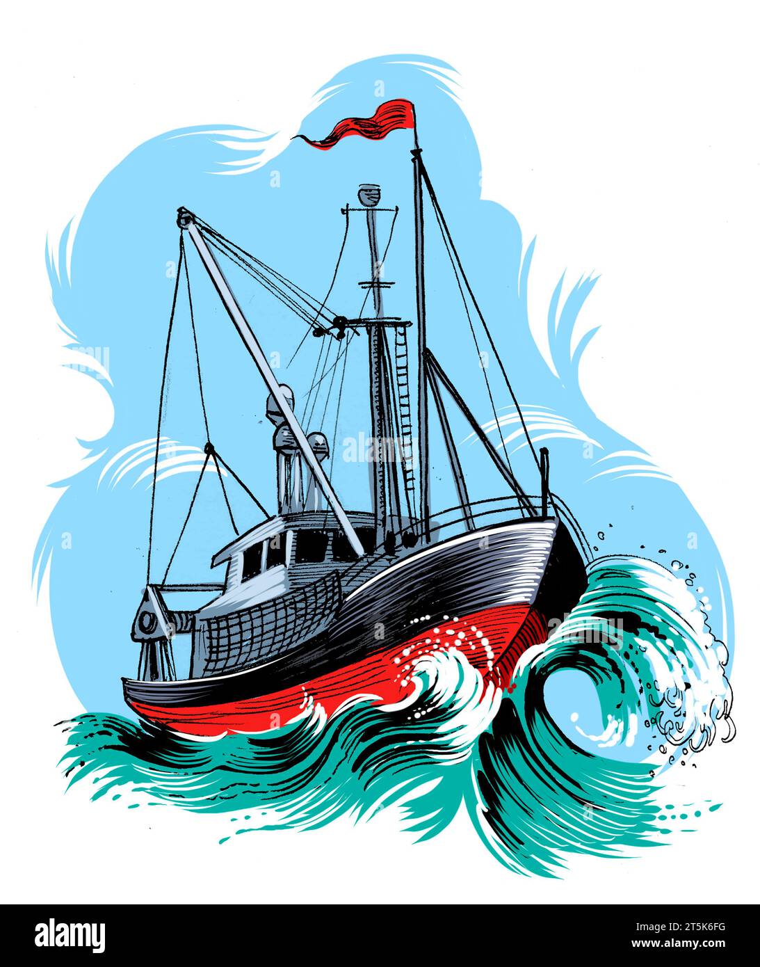Fishing trawler in a stormy sea. Hand-drawn illustration Stock Photo ...