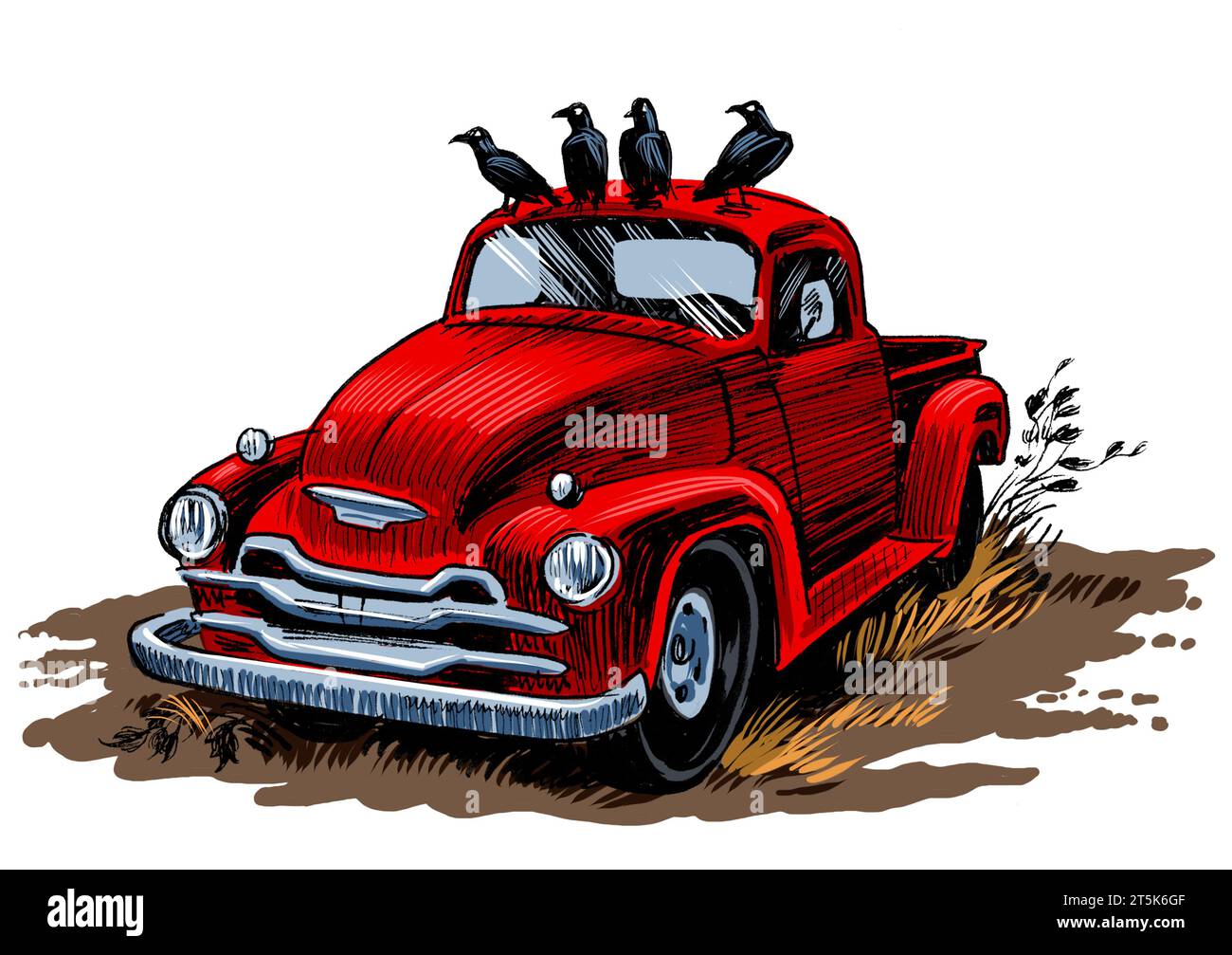Old red truck and crow birds. Hand-drawn illustration Stock Photo - Alamy