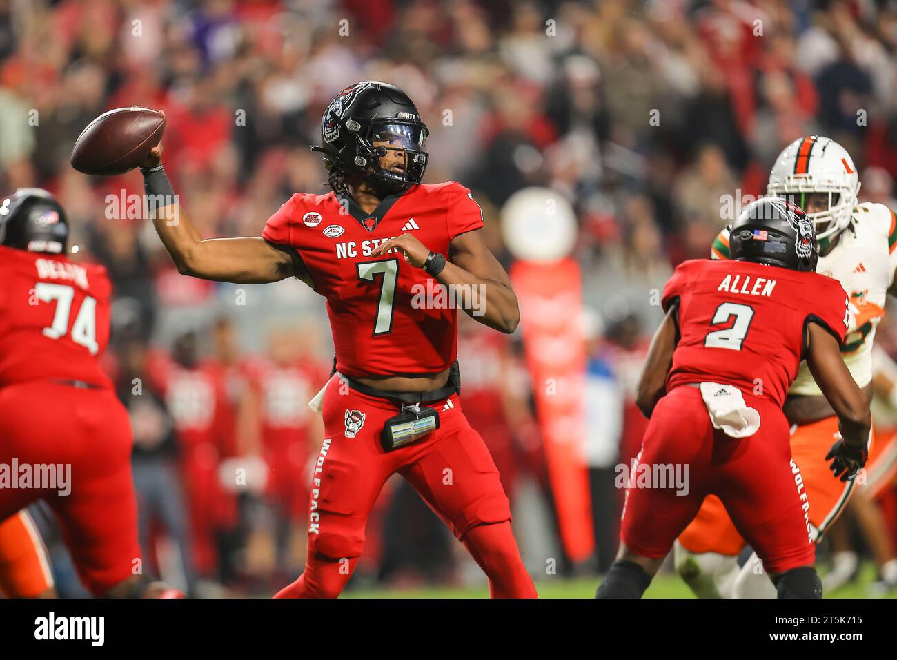 November 4, 2023: NC State sophomore MJ Morris (7) passes the ball ...