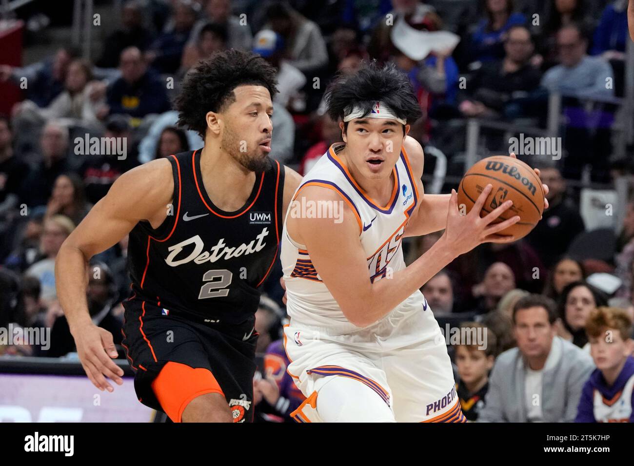 Phoenix Suns forward Yuta Watanabe drives as Detroit Pistons guard Cade ...