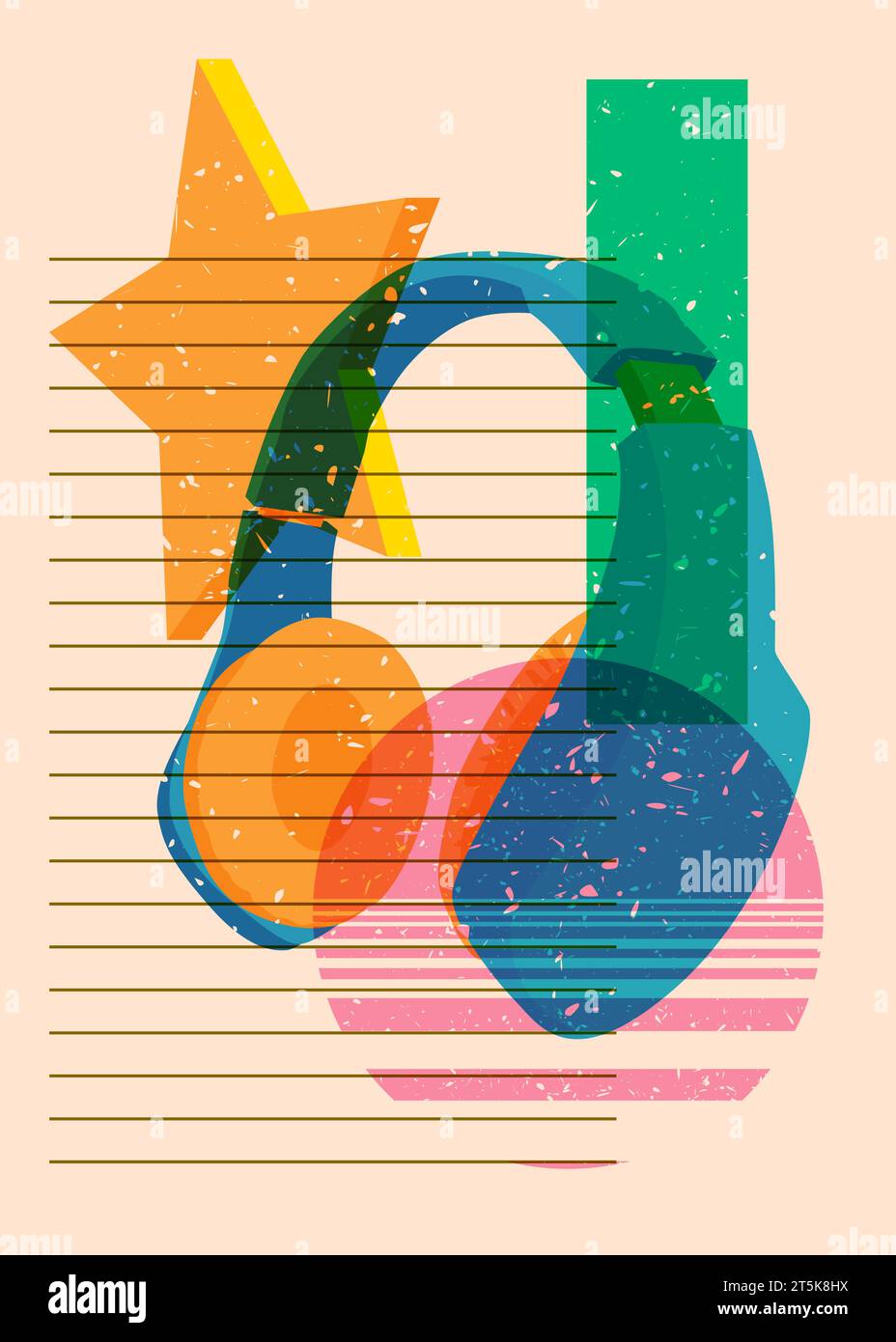 Risograph Headset with geometric shapes. Audio speaker, objects in ...