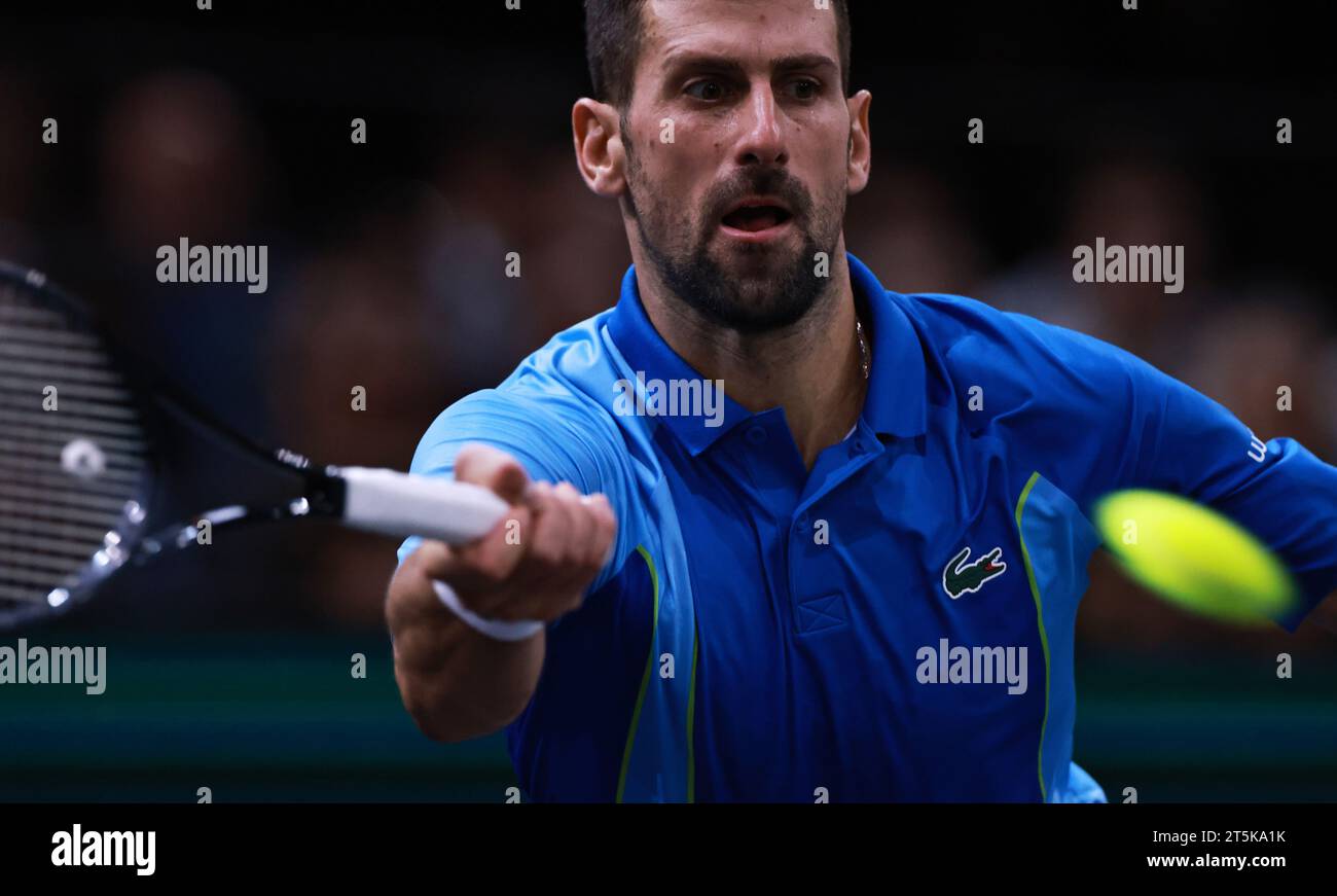 Paris, France. 5th Nov, 2023. Novak Djokovic of Serbia hits a return during the men's singles ...