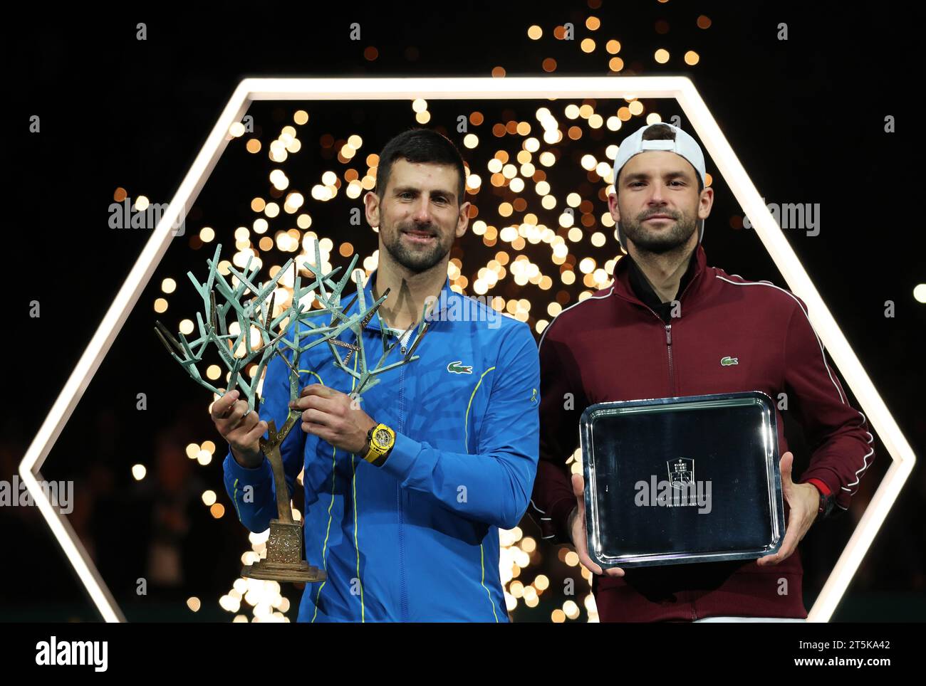 Paris, France. 5th Nov, 2023. Novak Djokovic (L) of Serbia and Grigor Dimitrov of Bulgaria ...