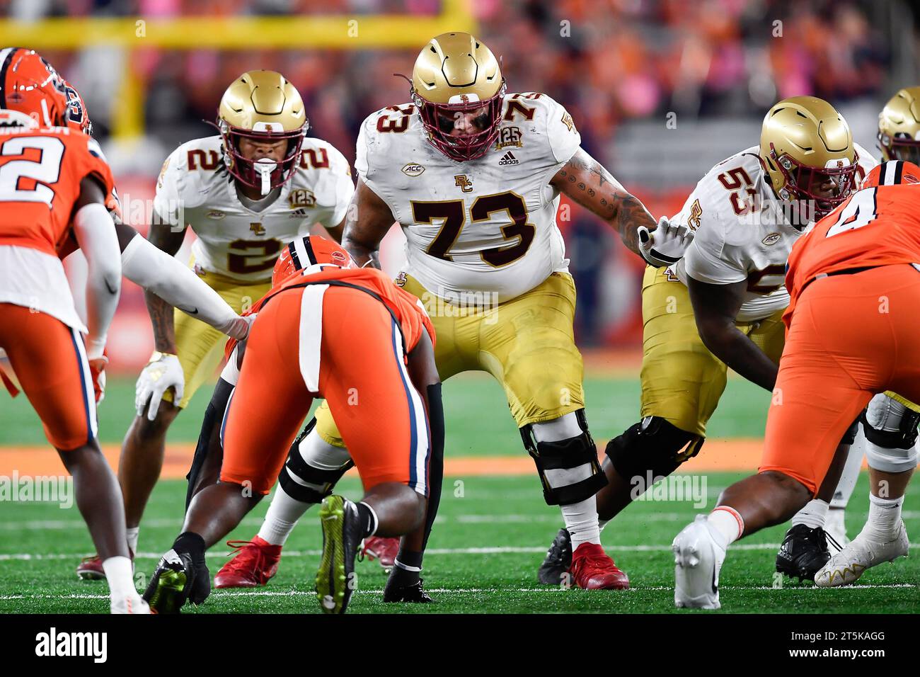 Boston College offensive lineman Christian Mahogany (73) blocks during ...