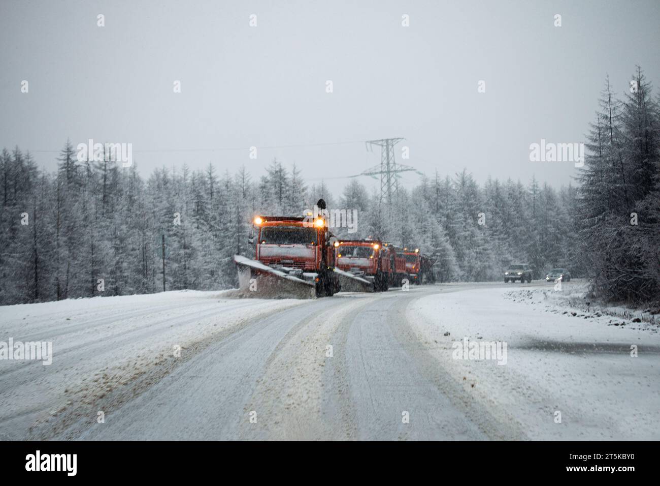 Winter service vehicles cleaning road with snowplows during the ...