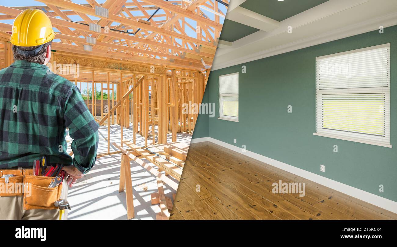 Contractor Facing Before and After Interior of House Wood Construction ...