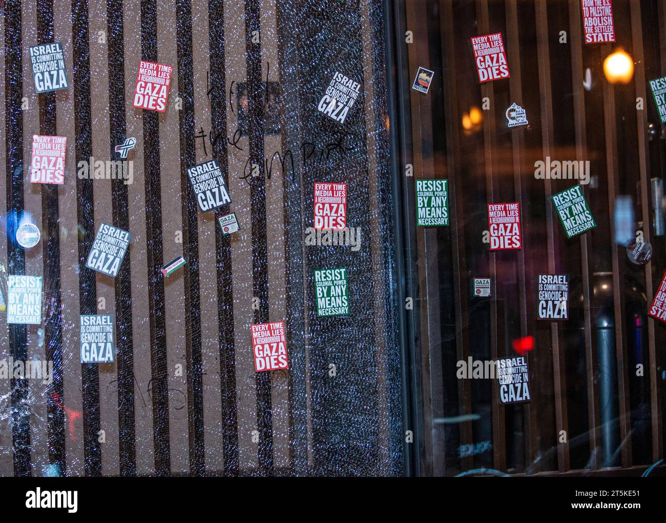 Broken storefront window during Pro-Palestinian demonstration ...