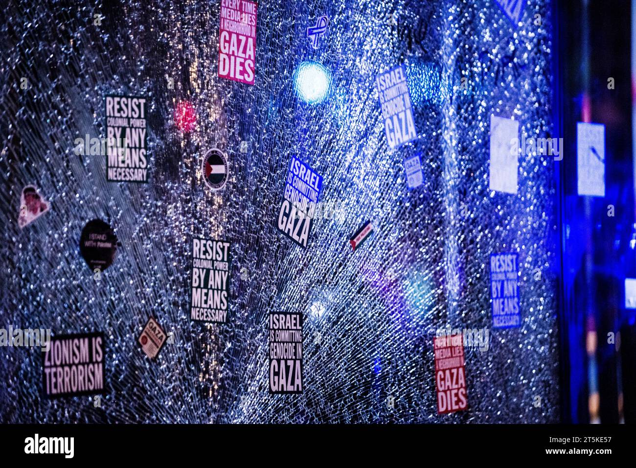 Broken storefront window during Pro-Palestinian demonstration ...