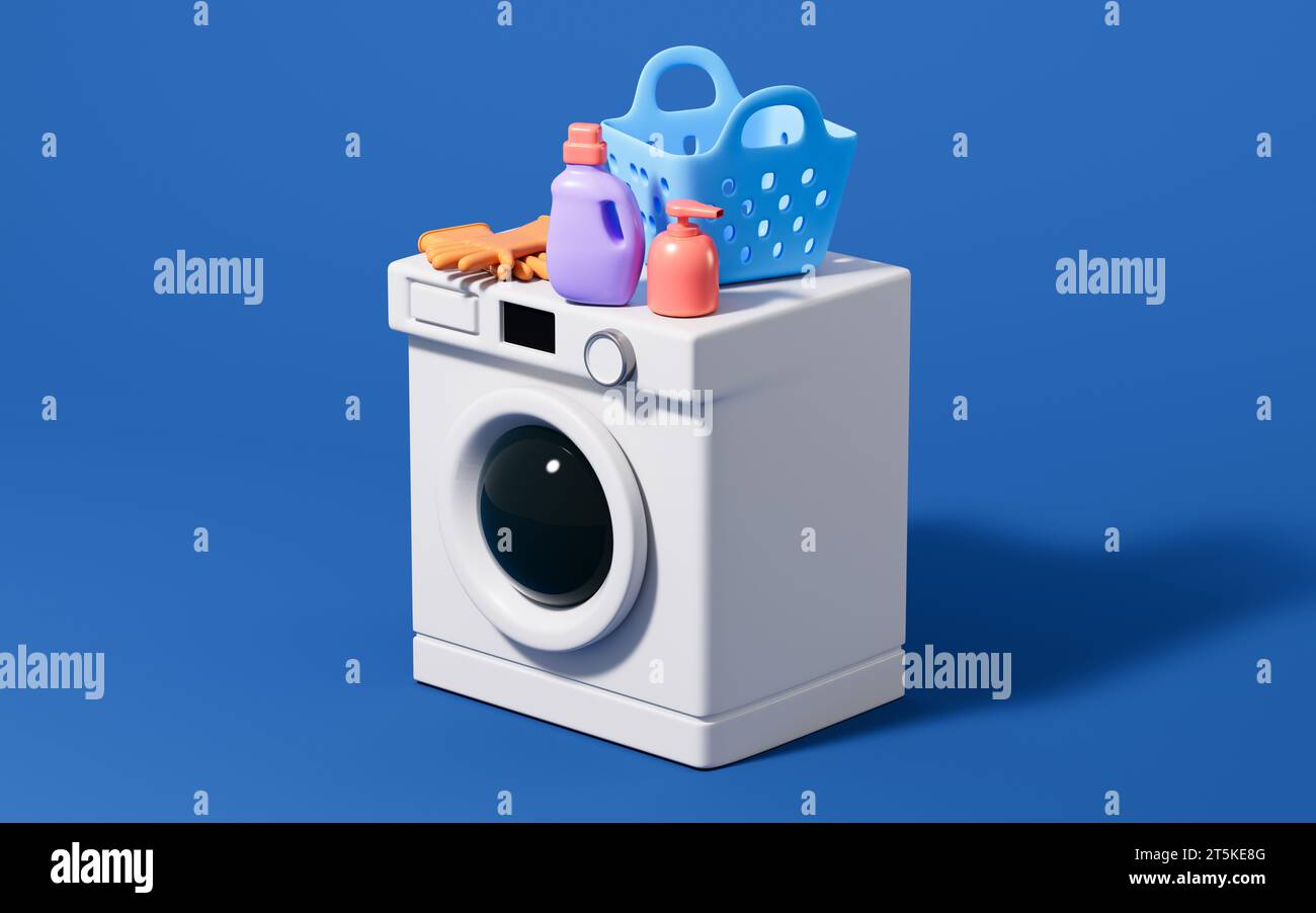 Cartoon washing machine and laundry detergent in the blue background ...