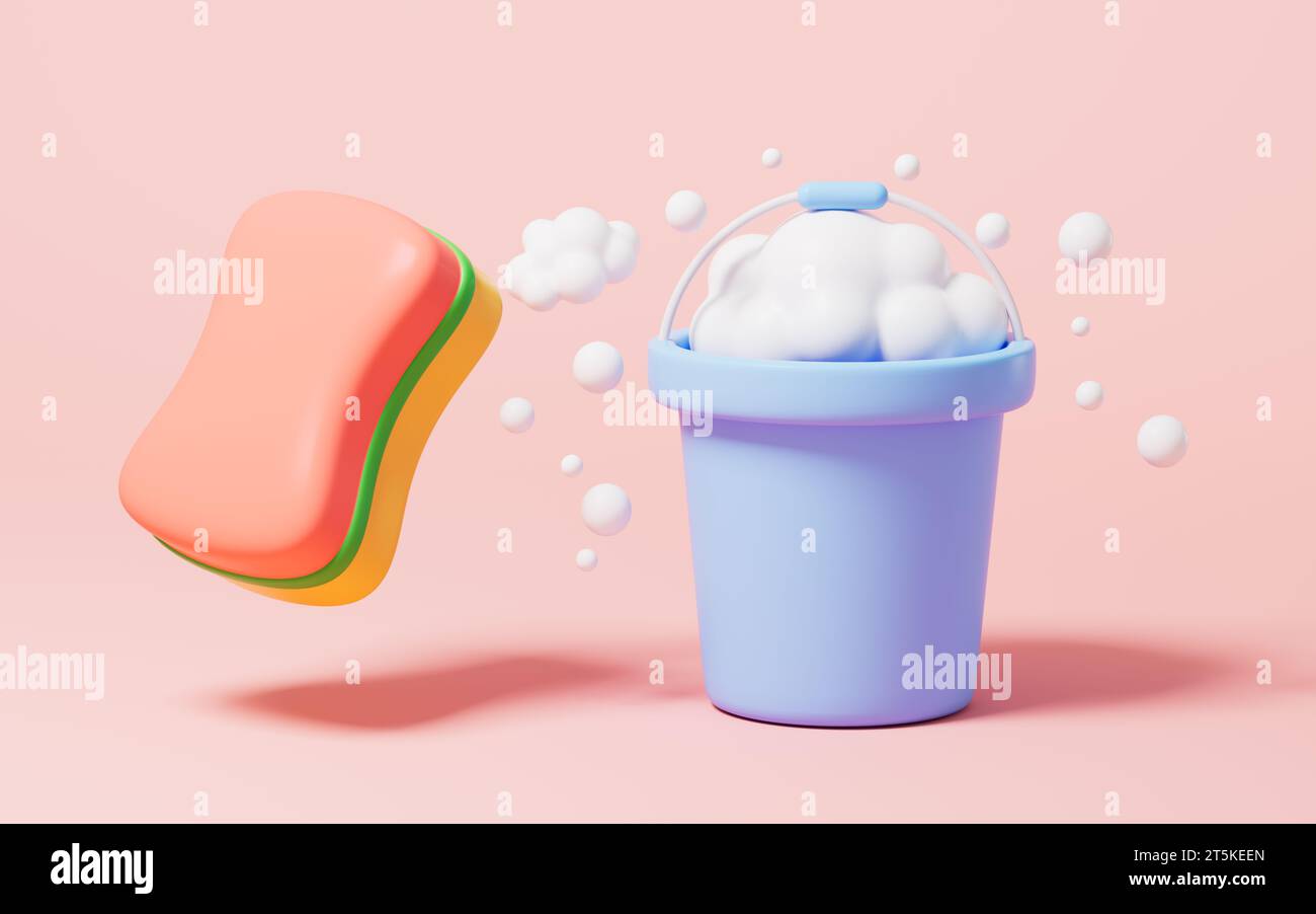 Cartoon pail and sponge in the pink background, 3d rendering. 3D ...
