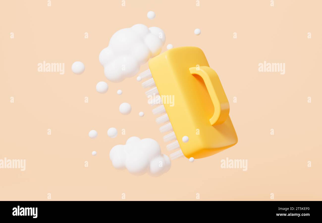 Cartoon brush and foam in the yellow background, 3d rendering. 3d ...