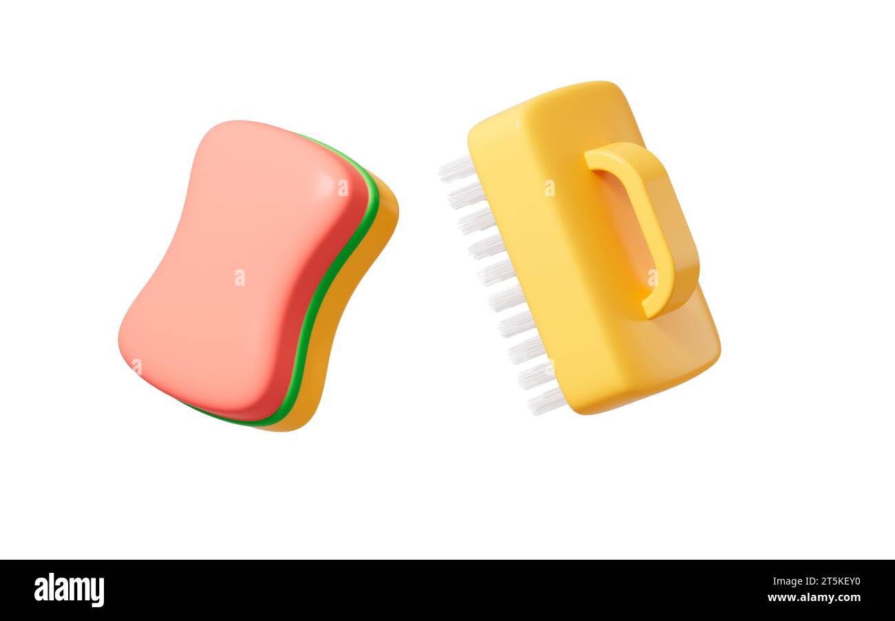 Cartoon brush and sponge in the white background, 3d rendering. 3d ...