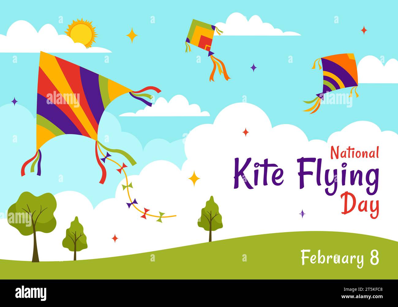 National Kite Flying Day Vector Illustration on February 8 of Sunny Sky ...