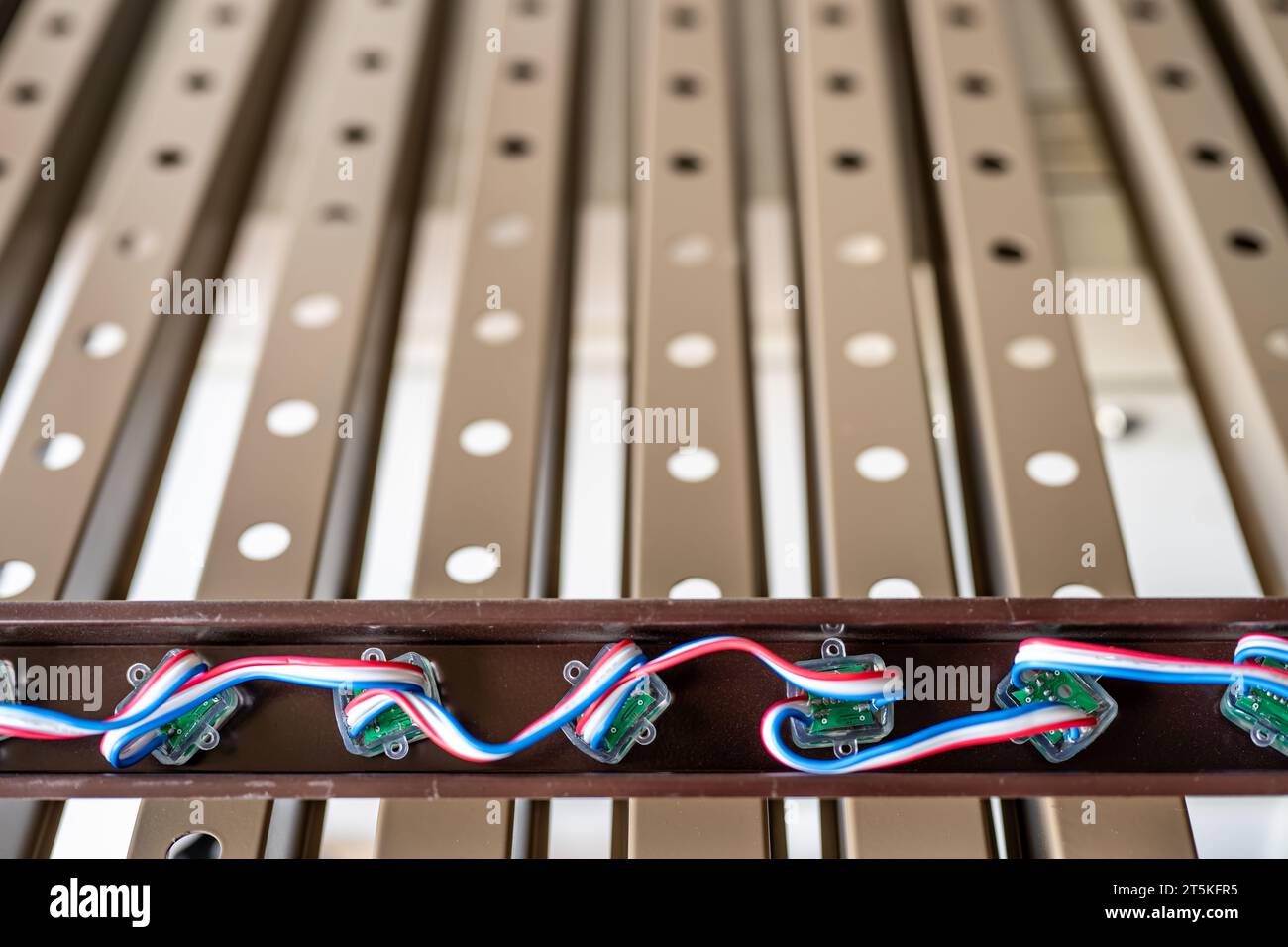 Inside a permanent holiday light channel with LED lights. Defocused ...