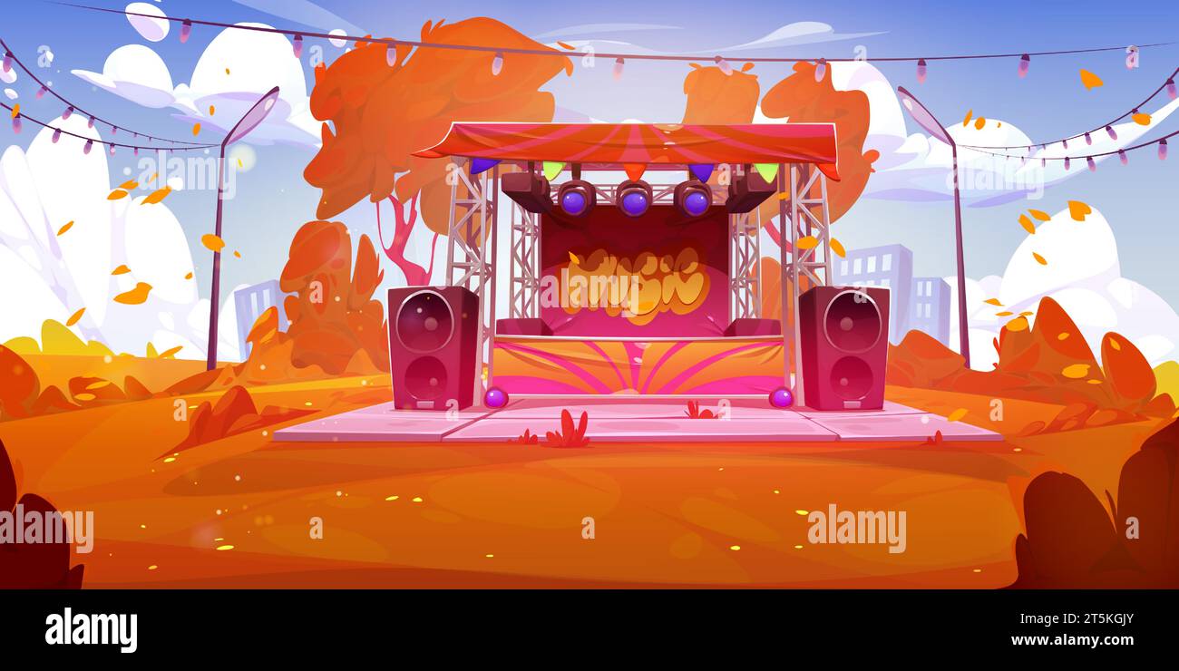Concert stage at music festival in autumn park. Vector cartoon ...