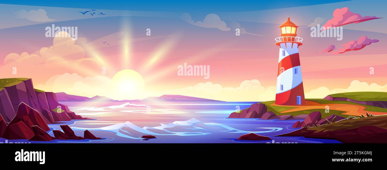 Island sea coast with lighthouse on sunset vector illustration. Light ...