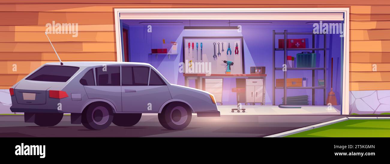 Garage room cartoon interior with tool storage. Workshop inside ...