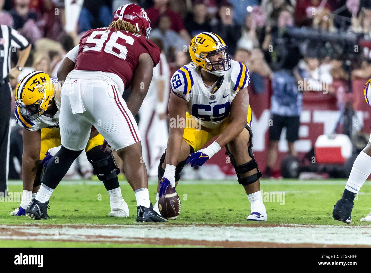 LSU offensive lineman Charles Turner III (69) signals on the line ...