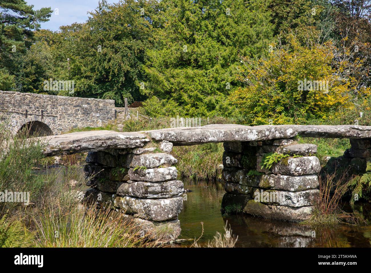 Clapper bridge in the hamlet of Postbridge,Dartmoor national park,Devon ...