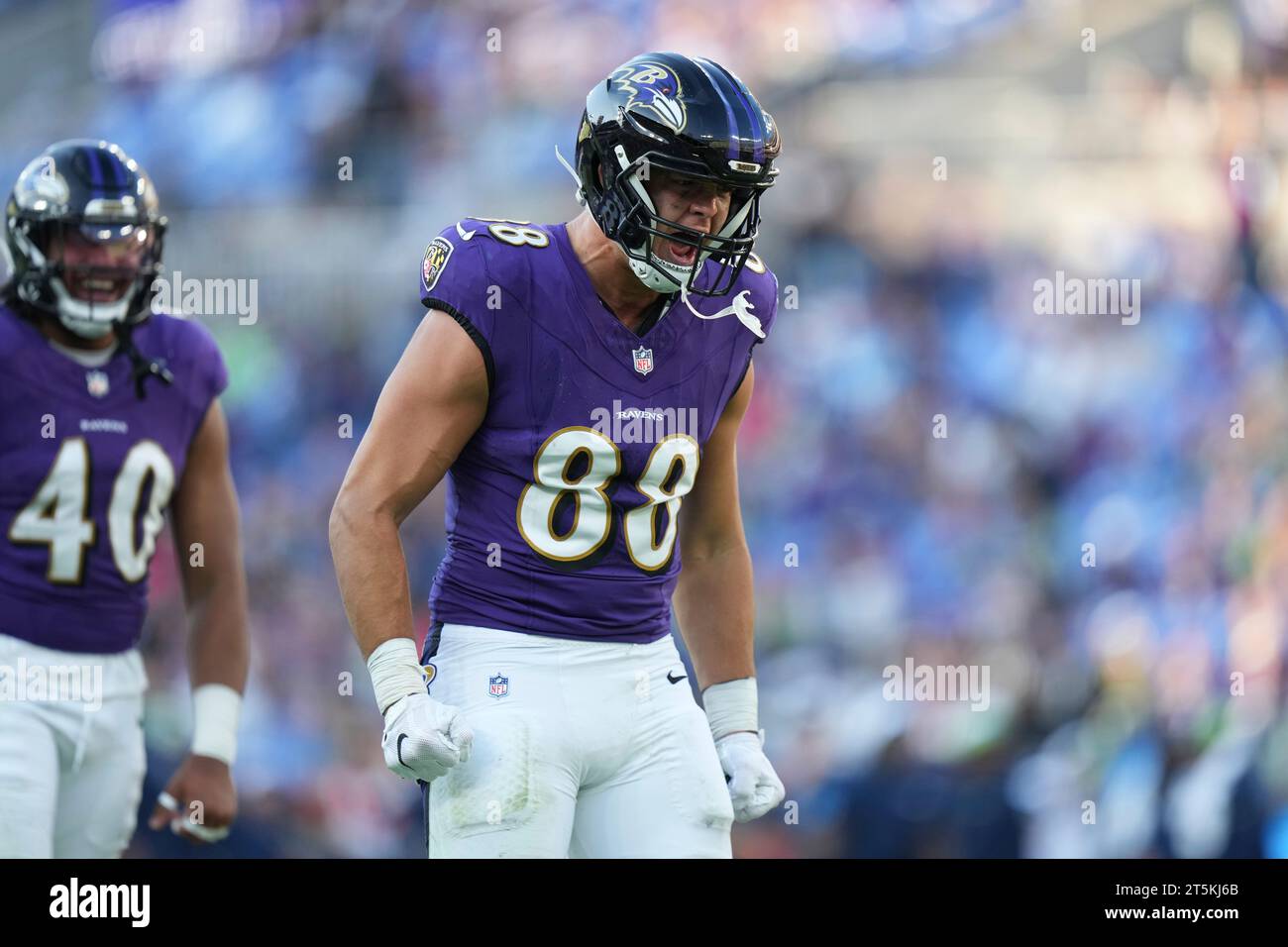 Baltimore Ravens tight end Charlie Kolar (88) celebrates his big hit on ...