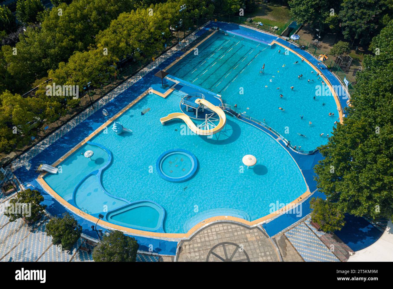 An aerial view of Hankou River Beach swimming pool in summer. Wuhan ...