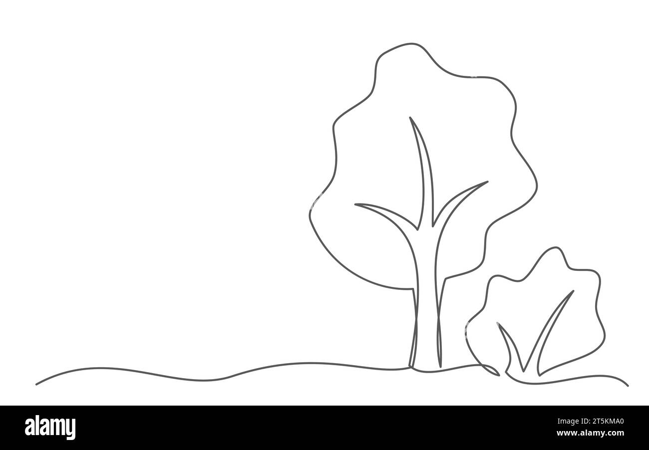 Tree and bush One line drawing isolated on white background Stock ...