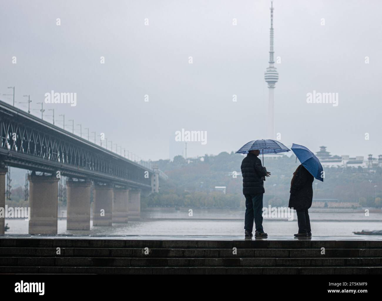 The two people standing side by side with umbrellas during rain Stock ...