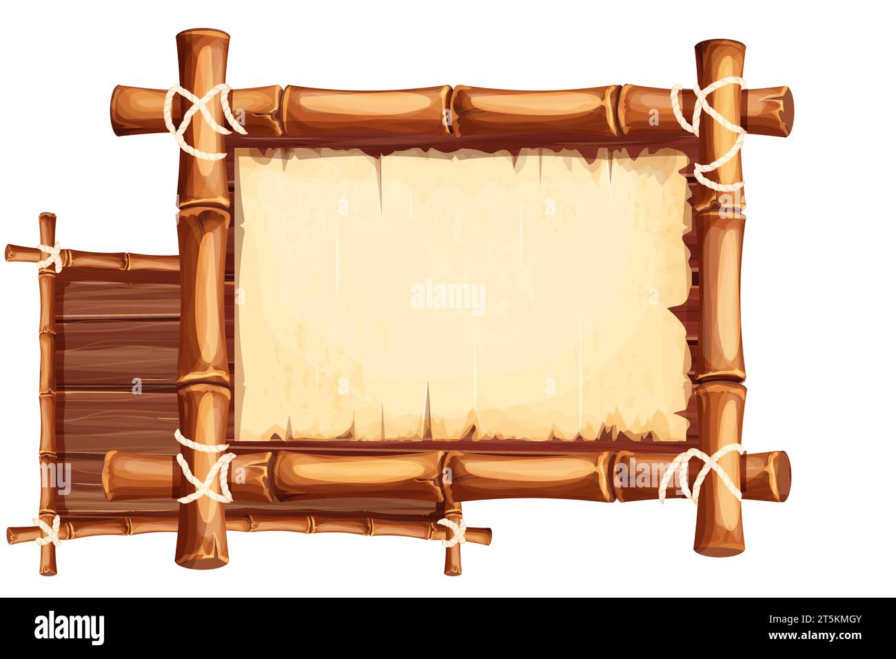 Bamboo frame with old parchment paper decorated with rope in cartoon ...