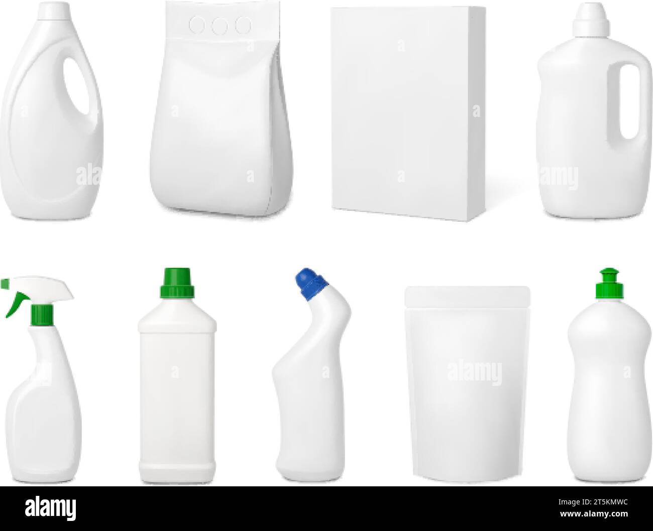 Realistic cleaning products. Isolated white plastic bottles and paper ...