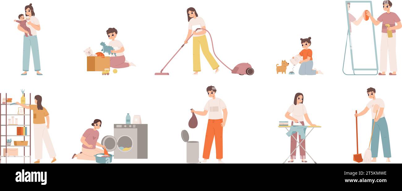 Cute housewives character. Young woman cleaning house, girl doing ...